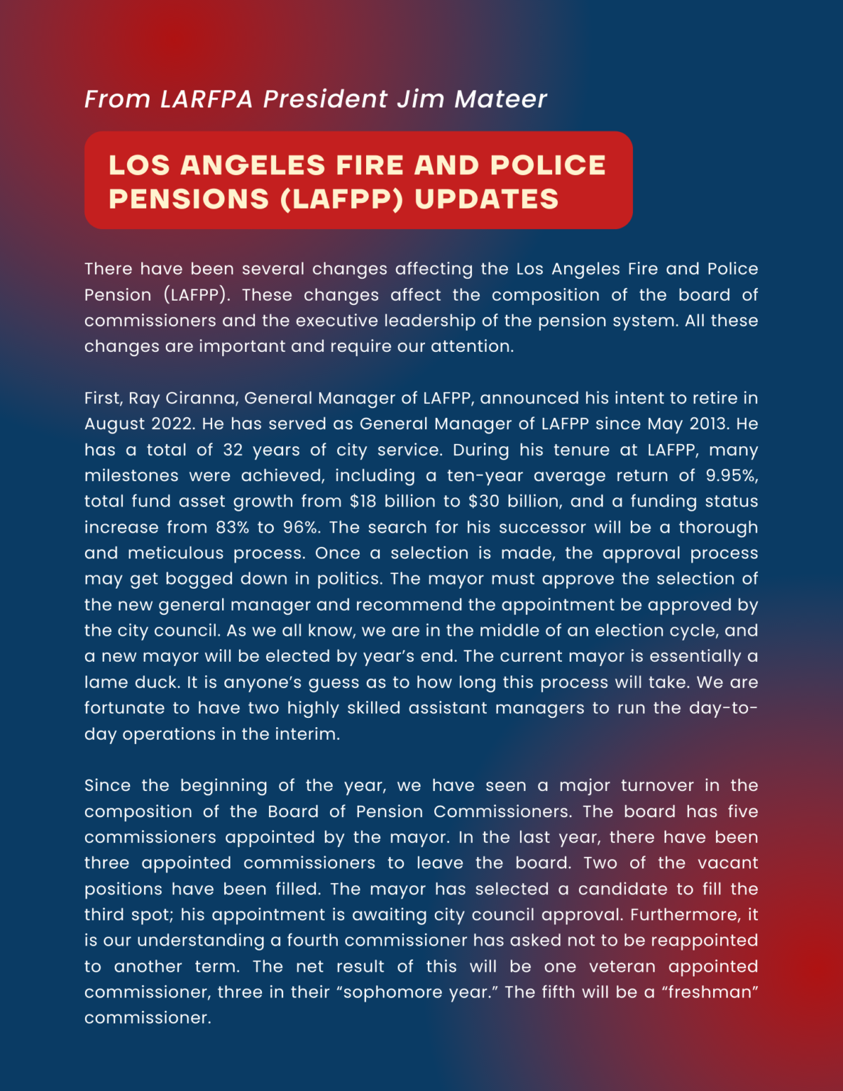 LOS ANGELES FIRE AND POLICE PENSION UPDATES – LARFPA